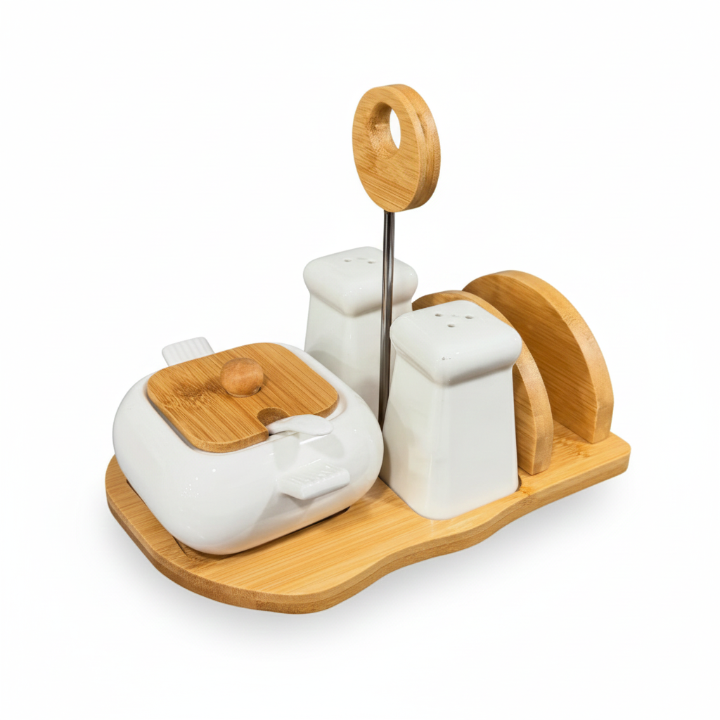 Ceramic Salt Pepper Sugar Pot Set with Bamboo Stand – Home Hatch