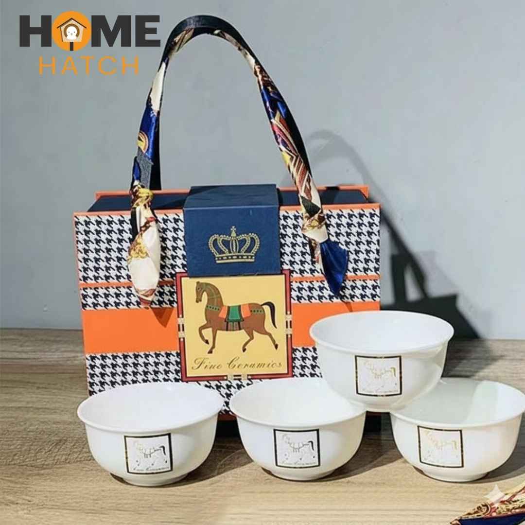Horse Motif Ceramic Bowl & Spoon Set of 12PCS with Gift Box Pakistan