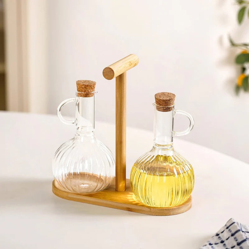 Borosilicate Glass Oil Vinegar Bottle Set with Stand 3pc